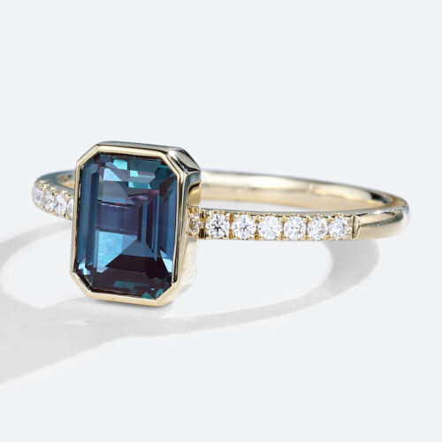 Emerald Cut Lab Alexandrite Rings Gold Half Pave Bezel Rings ...