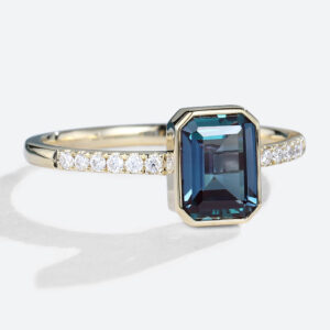 Emerald Cut Lab Alexandrite Rings Gold Half Pave Bezel Rings ...