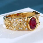 Ruby Ring Bezel Engagement Ring Oval Cut Ruby Hollow Ring - LisaJewelryUS