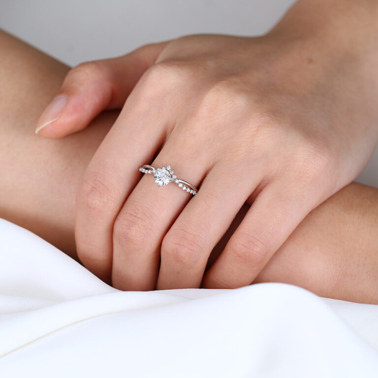 Round Engagement Ring Lab Grown Diamond Band White Gold - LisaJewelryUS