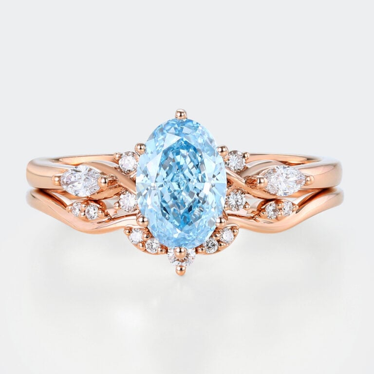 Lab Blue Diamond Ring Set 1.5ct Oval Cluster Engagement Rings ...
