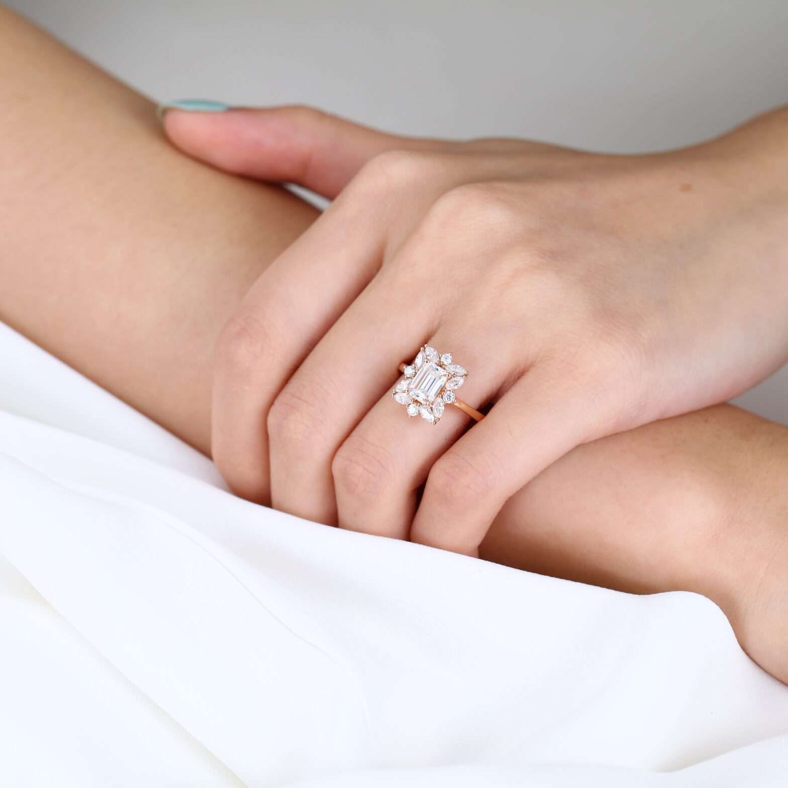 Emerald Cut Halo Engagement Rings Lab Grown Diamond Rings - LisaJewelryUS