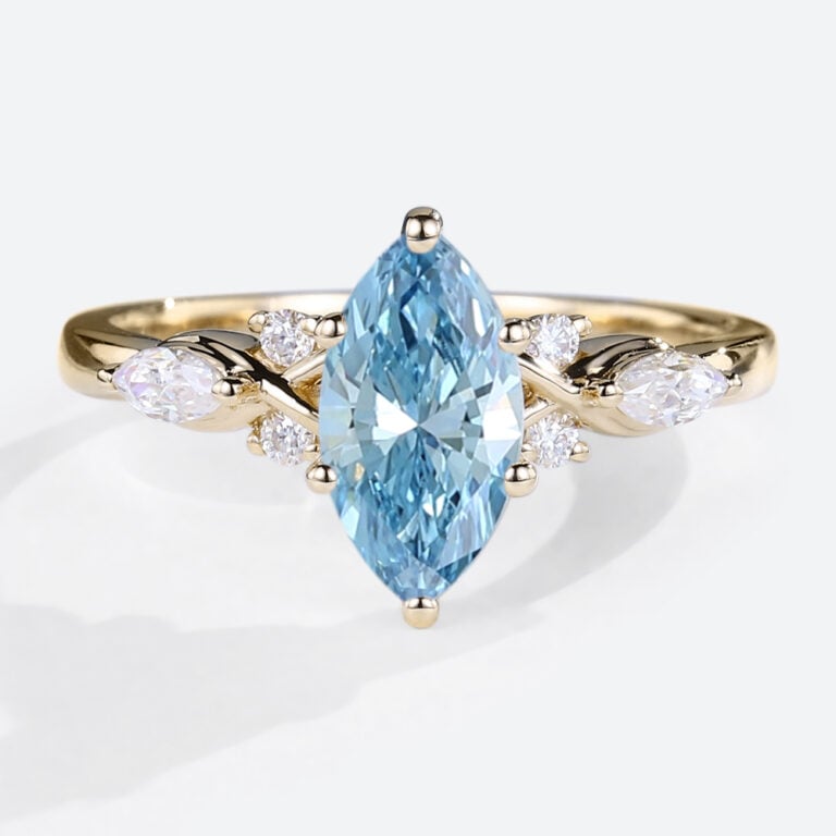 Blue Diamond Lab Marquise Cut Diamond Ring Yellow Gold Ring - LisaJewelryUS