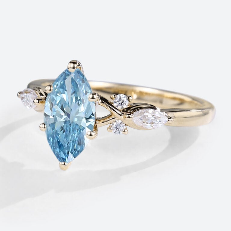 Blue Diamond Lab Marquise Cut Diamond Ring Yellow Gold Ring - LisaJewelryUS