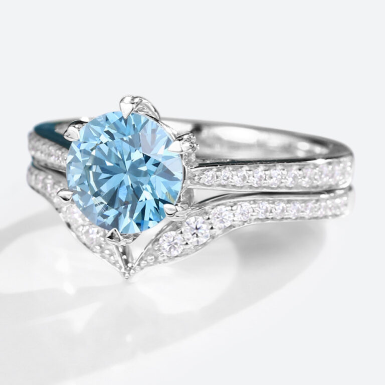 Lab Blue Diamond Engagement Ring Set 1ct Pavé 6-Prong Rings - LisaJewelryUS