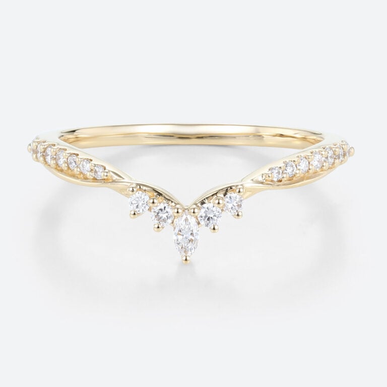 Curved Gold Wedding Band Lab Diamond Wedding Rings Stack - LisaJewelryUS