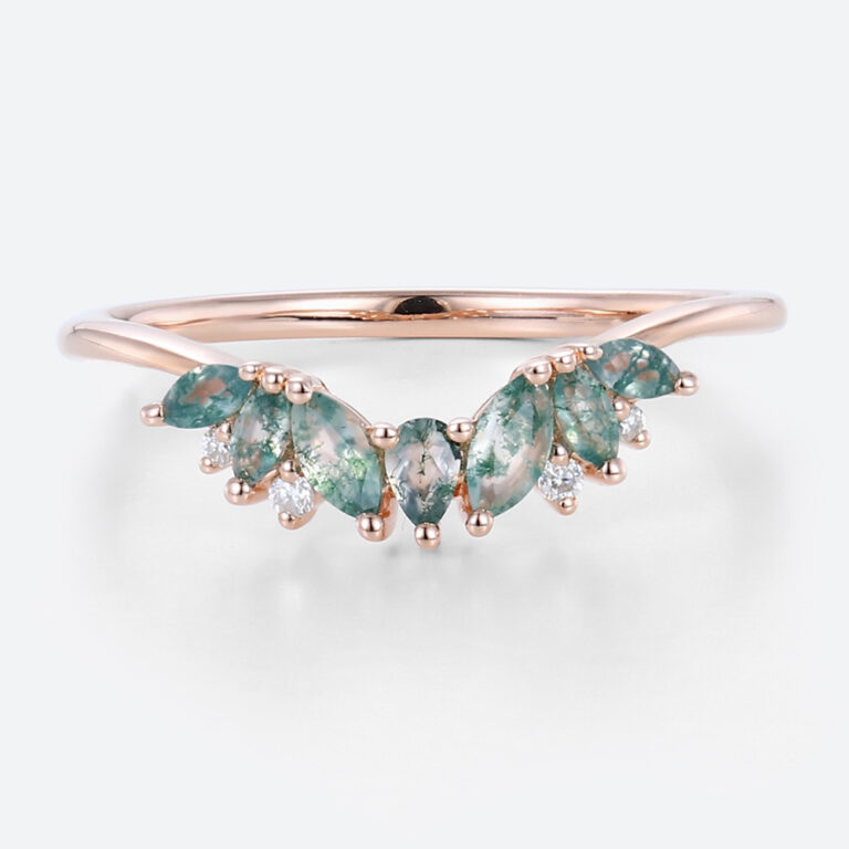 Curved Band Moss Agate Wedding Rings Simple Gold Band Rings - LisaJewelryUS