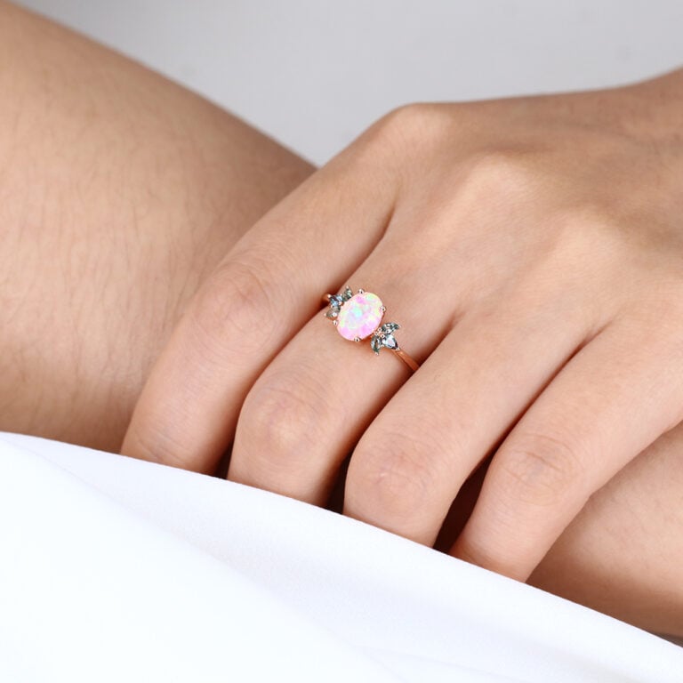 Oval Cut Pink Opal Rings 0.9ct Petal Engagement Ring for Women ...