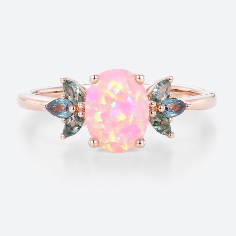 Oval Cut Pink Opal Rings 0.9ct Petal Engagement Ring for Women ...