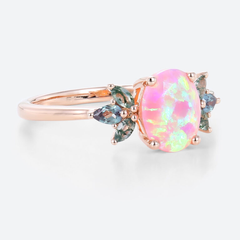 Oval Cut Pink Opal Rings 0.9ct Petal Engagement Ring for Women - LisaJewelryUS