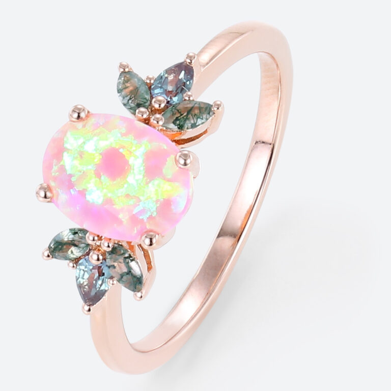 Oval Cut Pink Opal Rings 0.9ct Petal Engagement Ring for Women ...