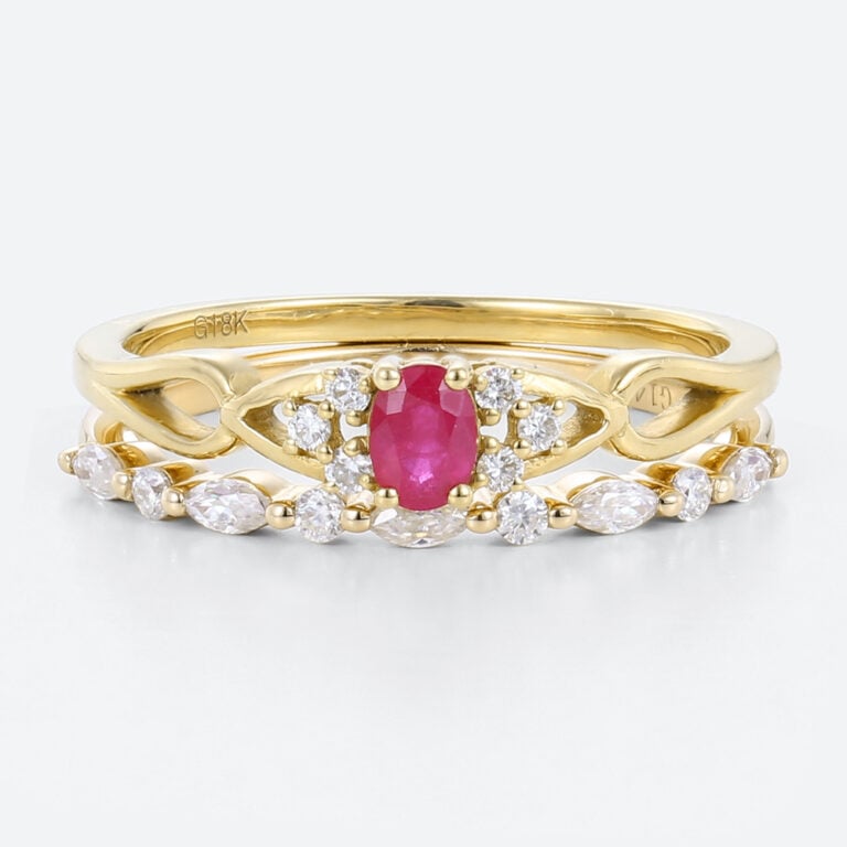 Ruby Engagement Ring Yellow Gold Diamond Bridal Ring Sets - LisaJewelryUS