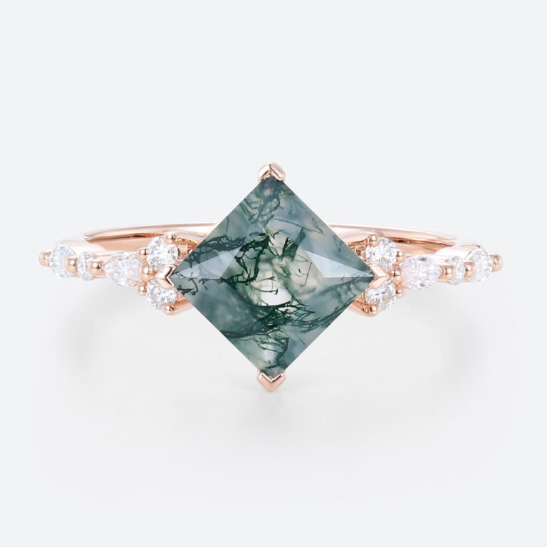 1.2ct Moss Agate Engagement Ring Princess Cut Wedding Rings - LisaJewelryUS
