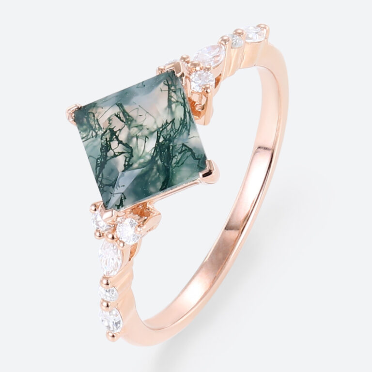 1.2ct Moss Agate Engagement Ring Princess Cut Wedding Rings - LisaJewelryUS