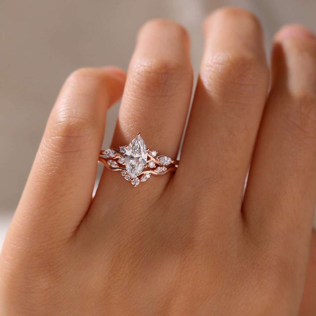 Marquise Wedding Ring Set Stacking Ring Lab Made Diamonds - LisaJewelryUS