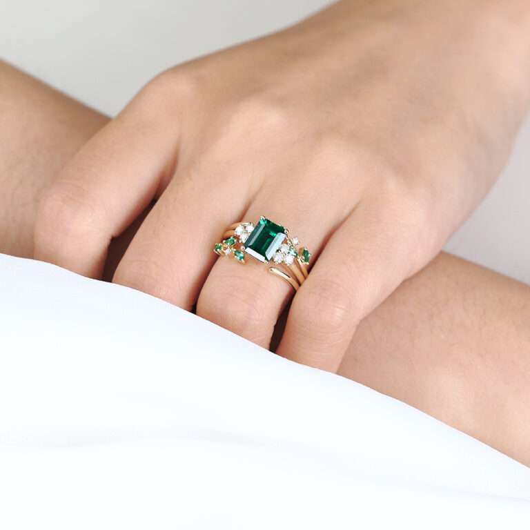 Emerald Cut Emerald Ring Gold Engagement Wedding Ring Sets - LisaJewelryUS