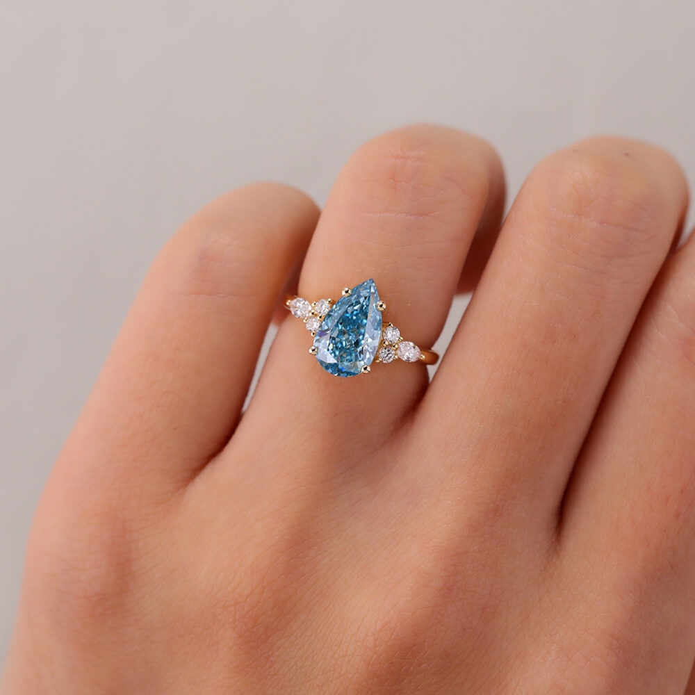 2ct Lab Blue Diamond Rings Pear Cut 4-Prong Engagement Ring - LisaJewelryUS