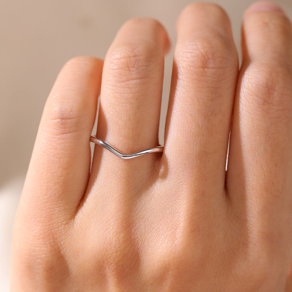 14k White Gold Curved Wedding Band Simple Wedding Rings - LisaJewelryUS