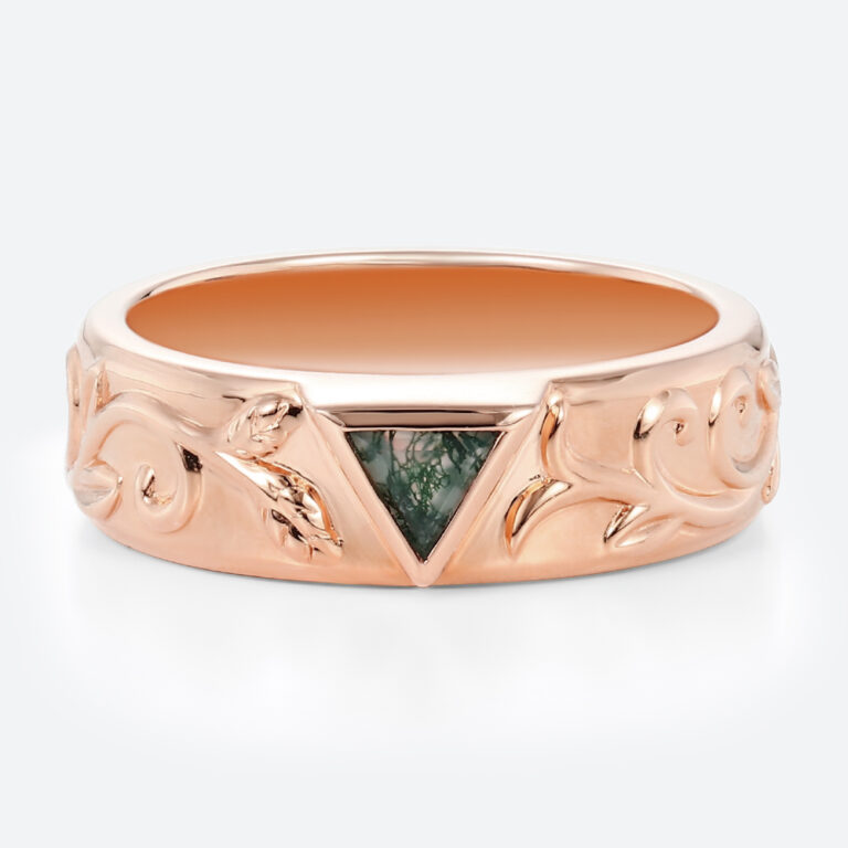 Triangle Cut Moss Agate Wide Band with Vine-Pattern Engraving ...