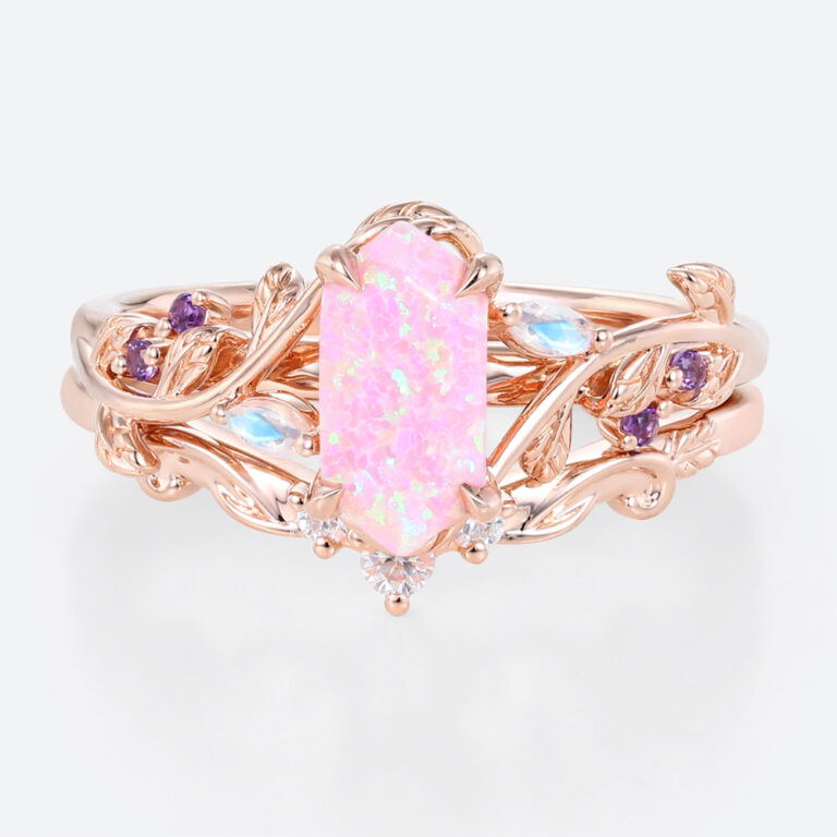 Elongated Hexagon Pink Opal Ring Set with Curved Wedding Band ...