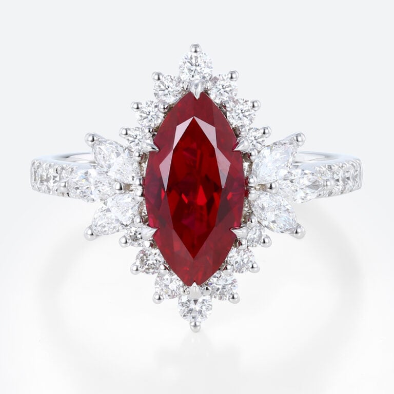Marquise Ruby Engagement Ring with Feather-Inspired Gallery - LisaJewelryUS