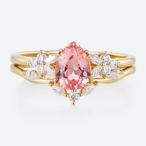 1.2ct Pear Cut Pink Sapphire Ring Set with Curved Wedding Ring ...